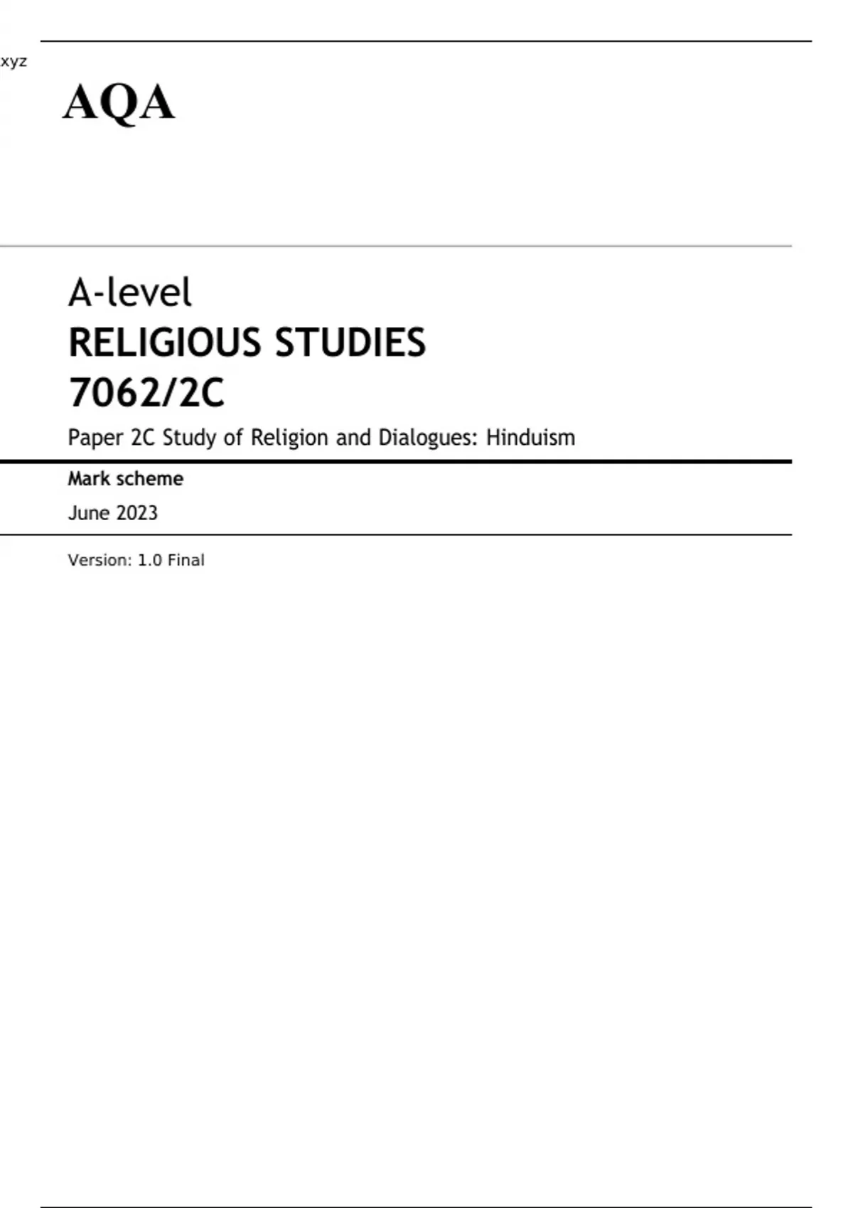 AQA A-level RELIGIOUS STUDIES 7062/2C Paper 2C JUNE 2023 MARK SCHEME ...
