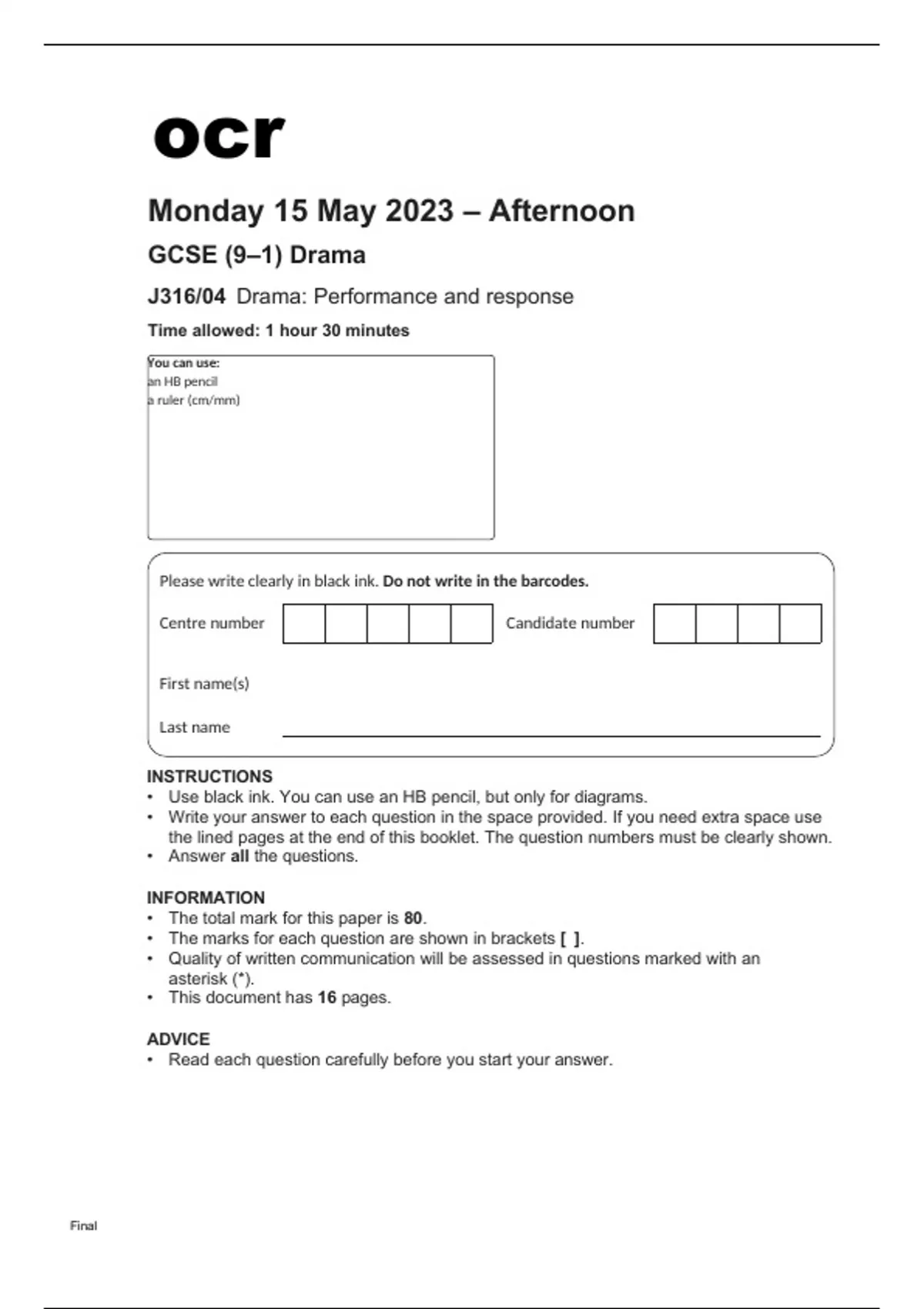 ocr GCSE Drama J316/04 June2023 Question Paper and Mark Scheme. - Stuvia US