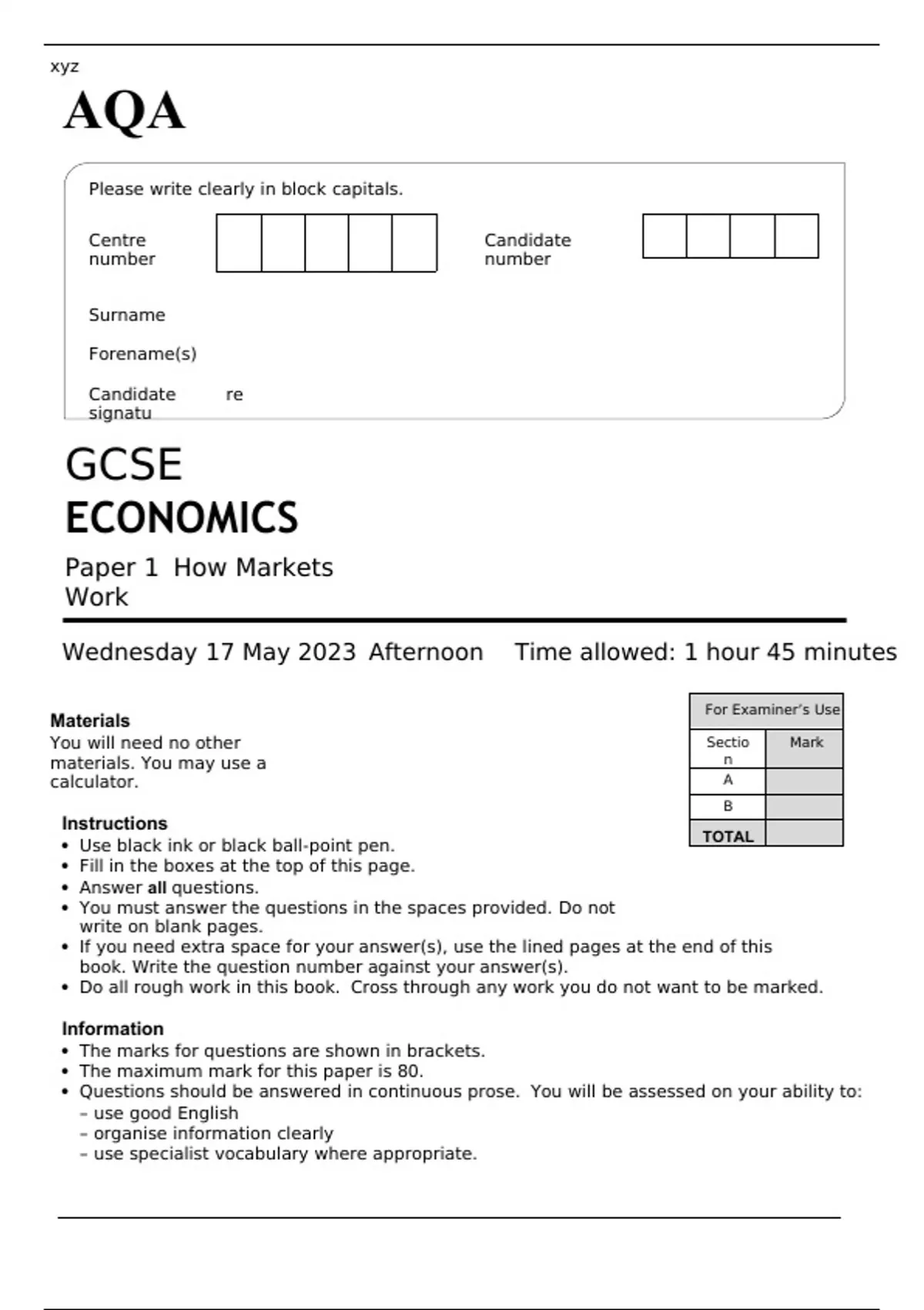 AQA GCSE ECONOMICS Paper 1 JUNE 2023 QUESTION PAPER: How Markets Work ...