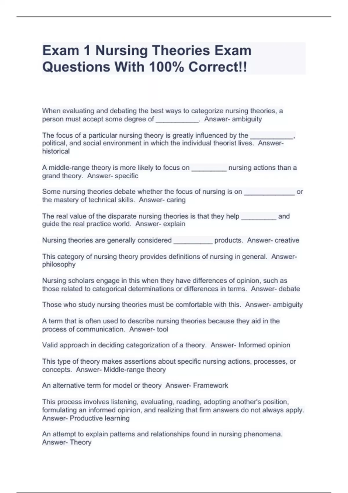 Exam 1 Nursing Theories Exam Questions With 100% Correct!!. - Sdr ...