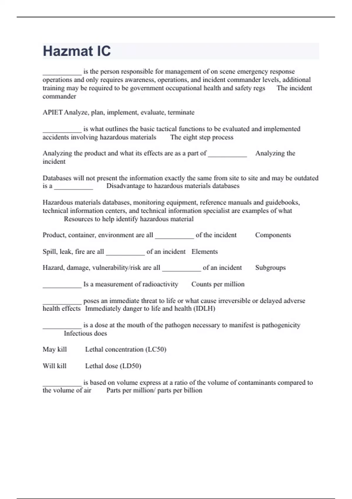 Hazmat IC Question and answers 100% correct 2023/2024 - Hazmat - Stuvia US
