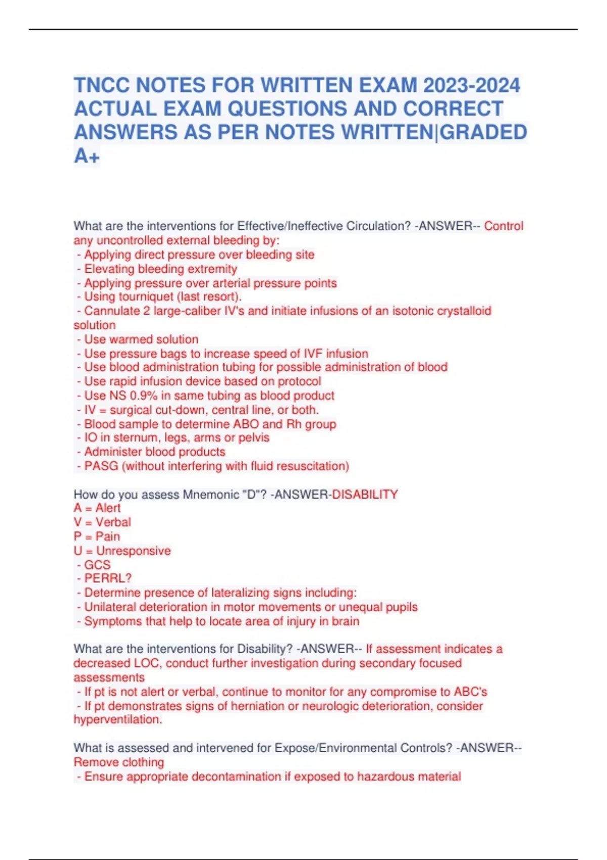 TNCC NOTES FOR WRITTEN EXAM ACTUAL EXAM QUESTIONS AND CORRECT ANSWERS ...
