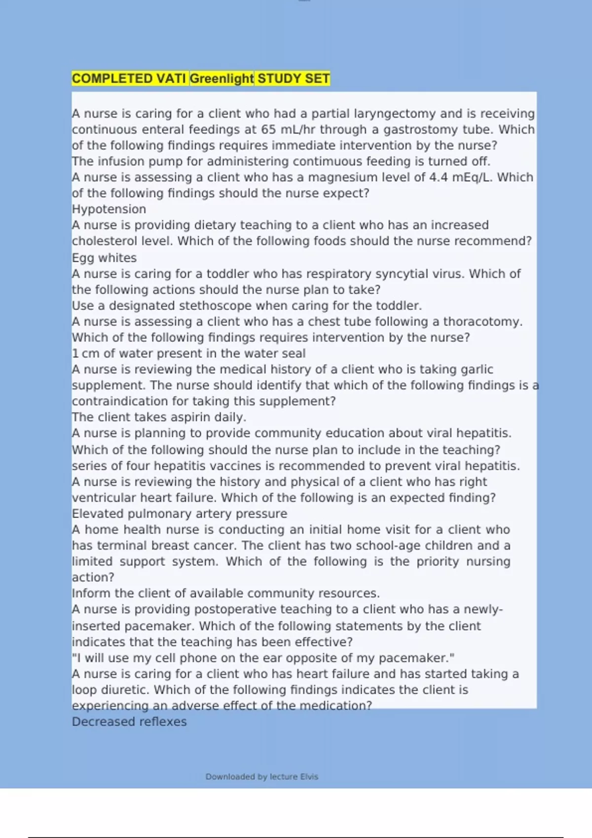 COMPLETED VATI Greenlight STUDY SET Questions and Answers (2023/2024) (Verified Answers) - NCLEX ...