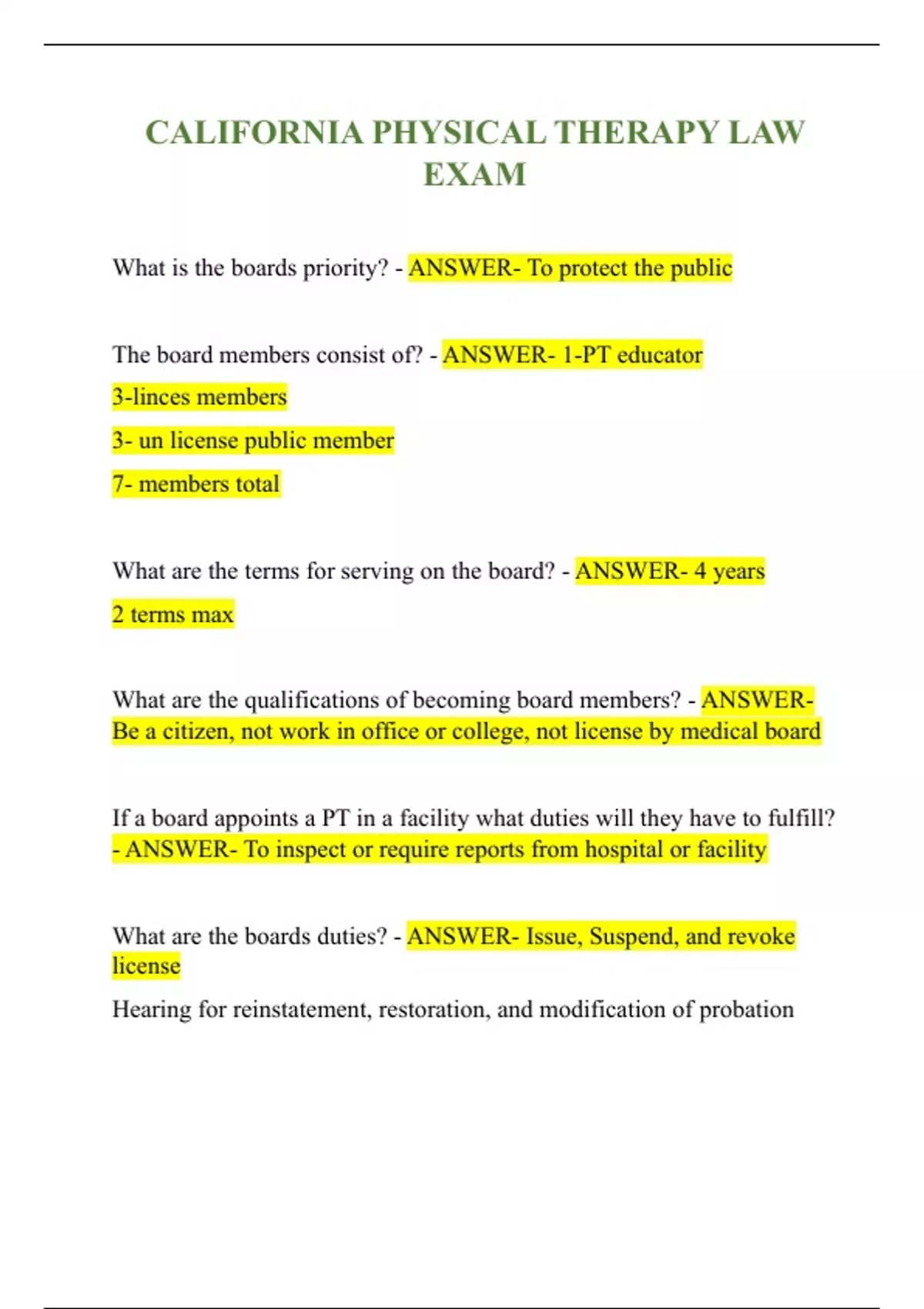 CALIFORNIA PHYSICAL THERAPY LAW EXAM - CALIFORNIA PHYSICAL THERAPY LAW ...