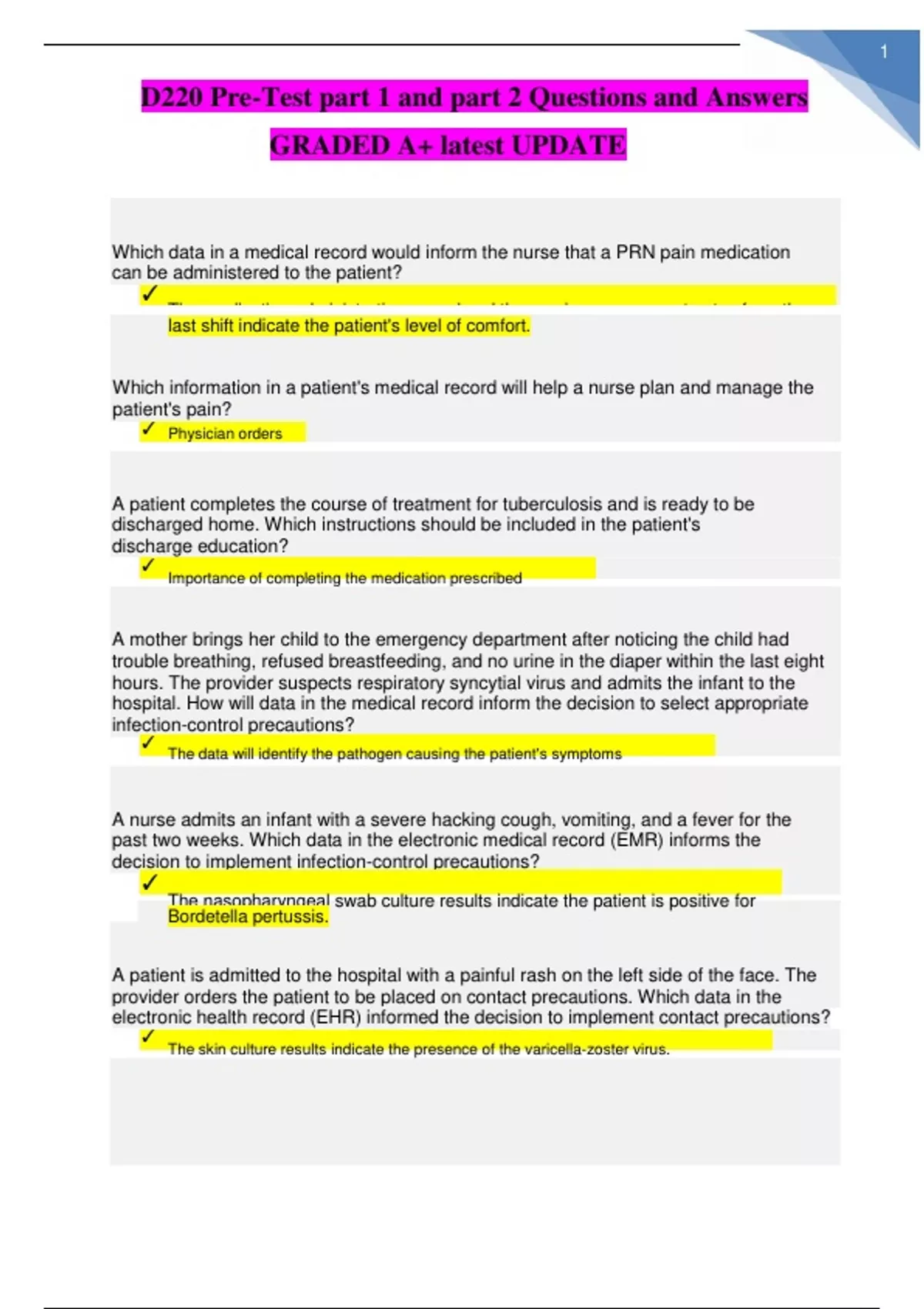 d220 Pre-Test part 1 and part 2 Questions and Answers (100% Guranteed ...