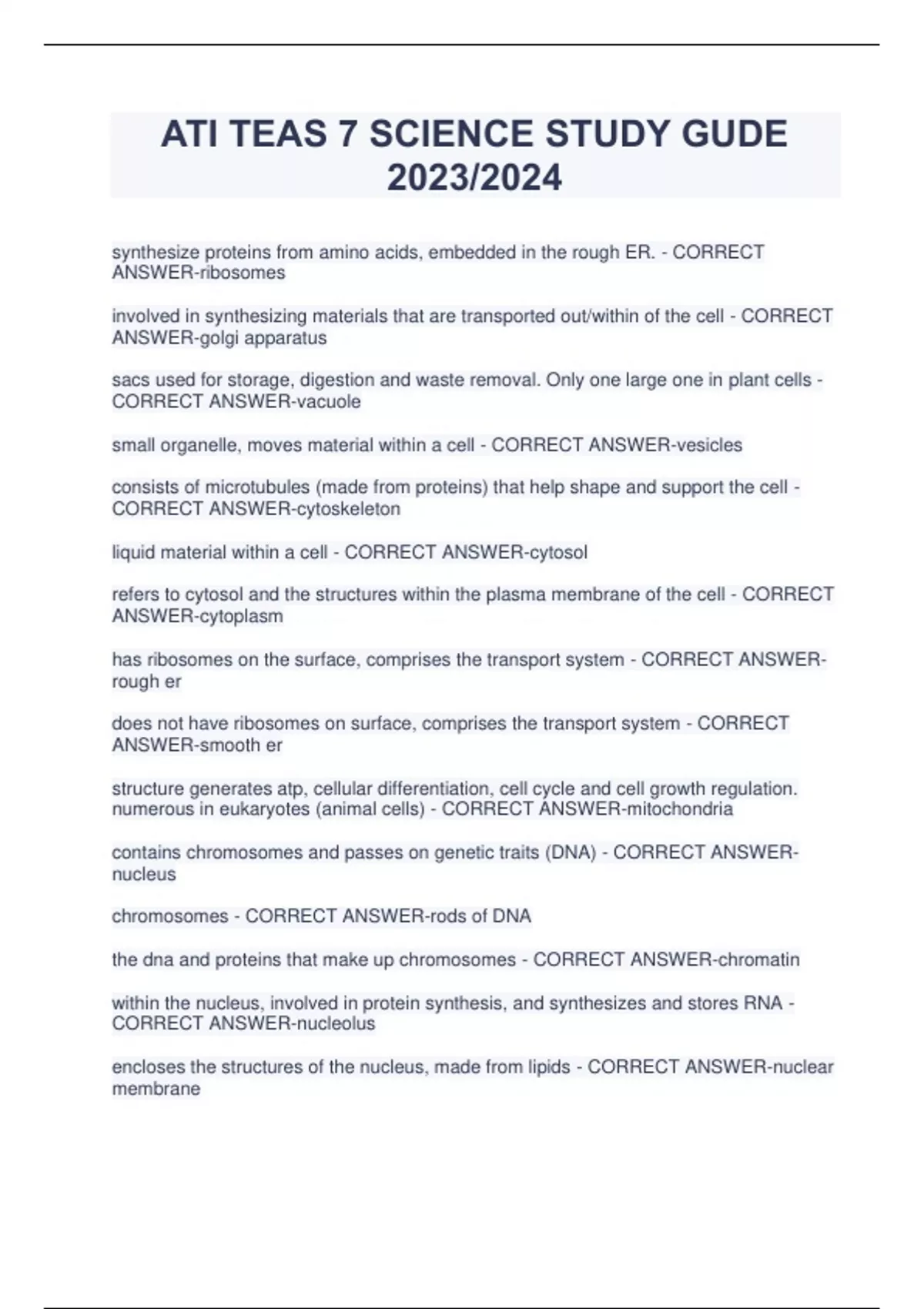 ATI TEAS 7 SCIENCE STUDY GUDE 2023/2024 - ATI TEAS 7 - Stuvia US