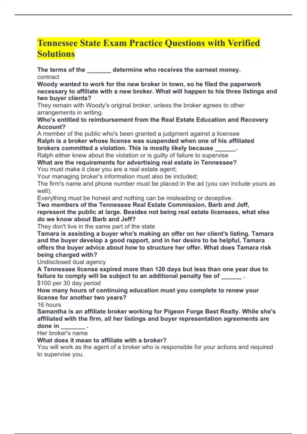 Tennessee State Exam Practice Questions with Verified Solutions ...