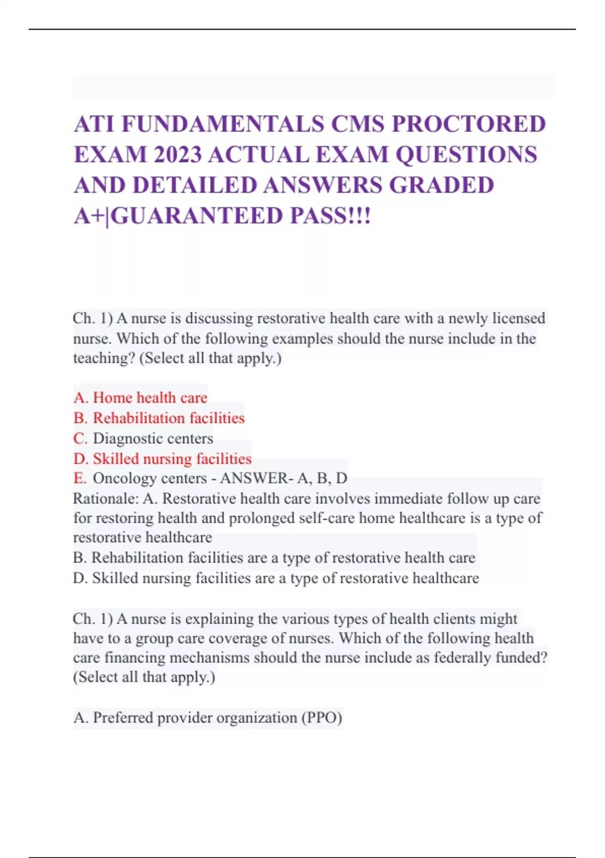 ATI FUNDAMENTALS CMS PROCTORED EXAM 2023 ACTUAL EXAM QUESTIONS AND ...