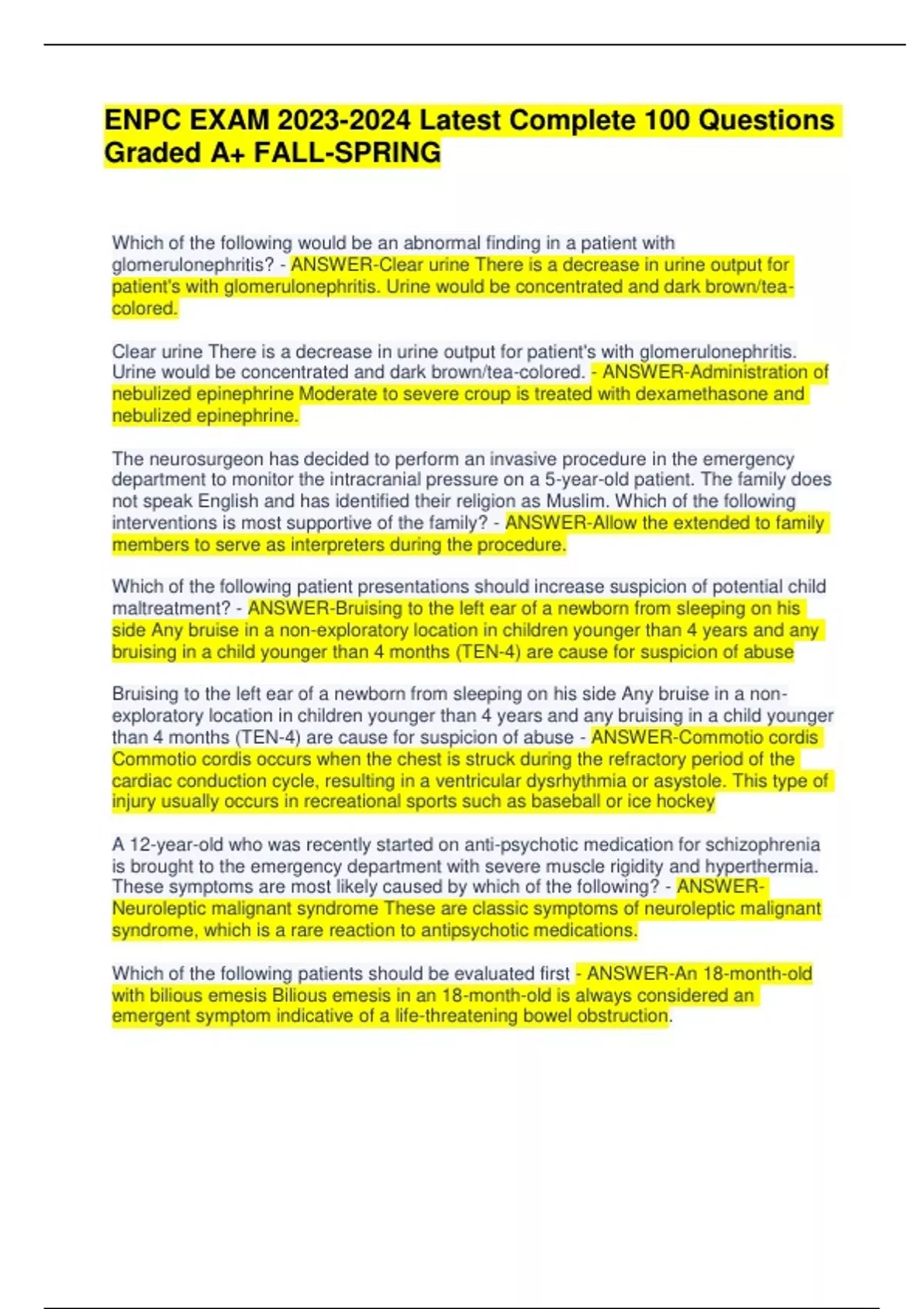 ENPC EXAM Latest Complete 100 Questions Graded A+ FALL-SPRING - ENPC ...
