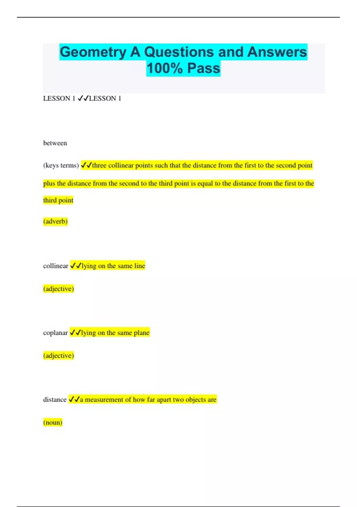 Geometry A Questions and Answers 100% Pass - Geometry A - Stuvia US