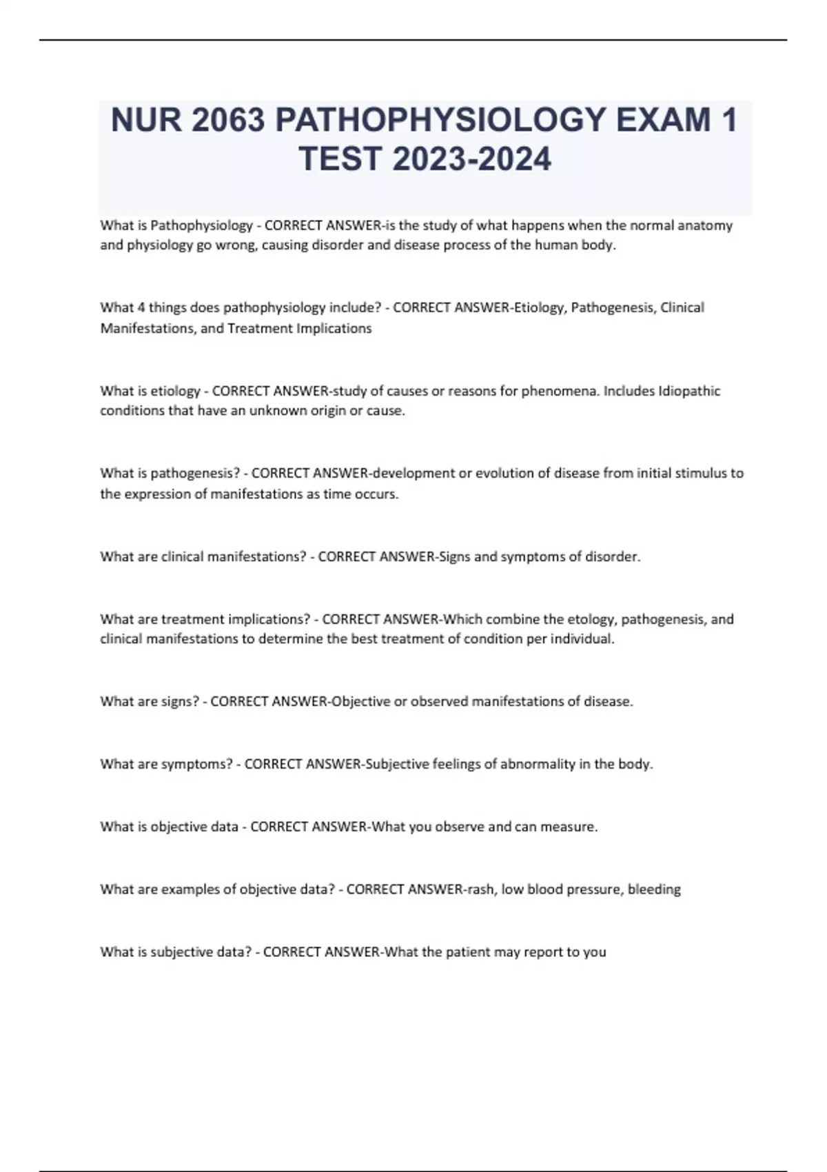 NUR 2063 PATHOPHYSIOLOGY EXAM 1 TEST - NUR 2063 - Stuvia US