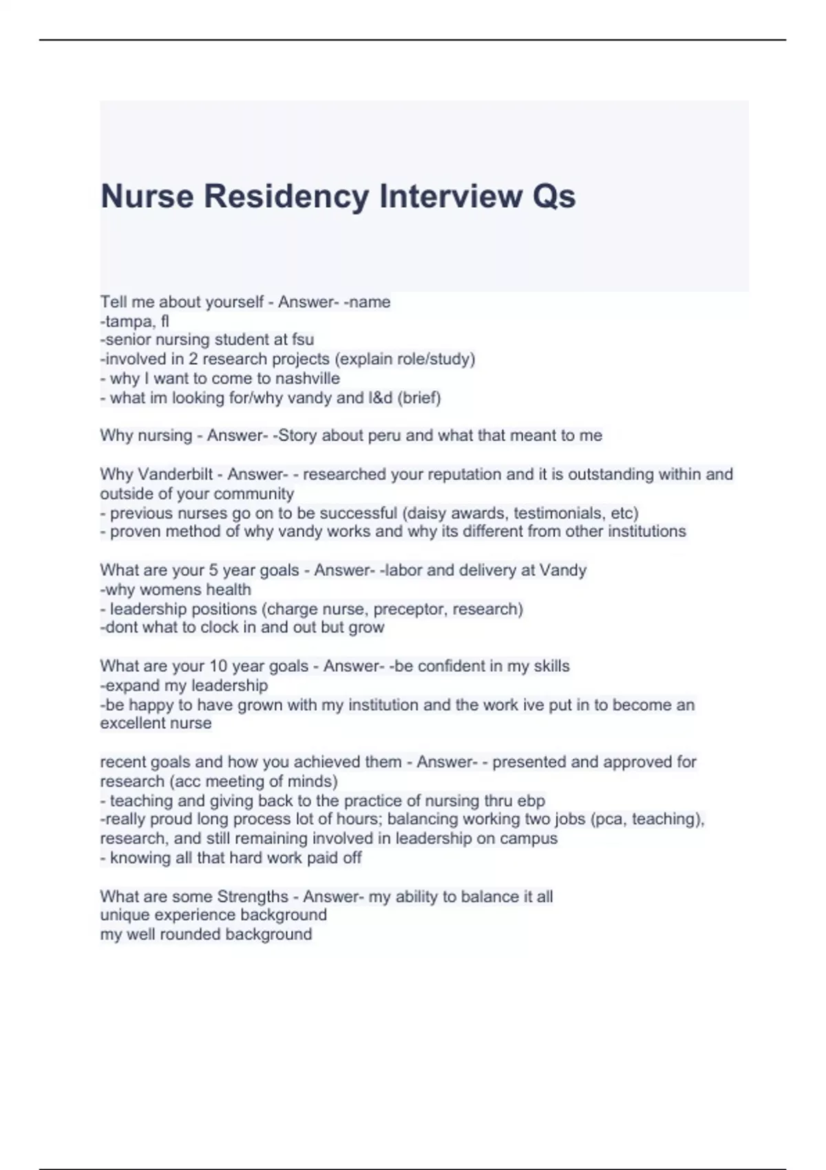 Nurse Residency Interview Qs with complete solutions - Nurse Residency ...
