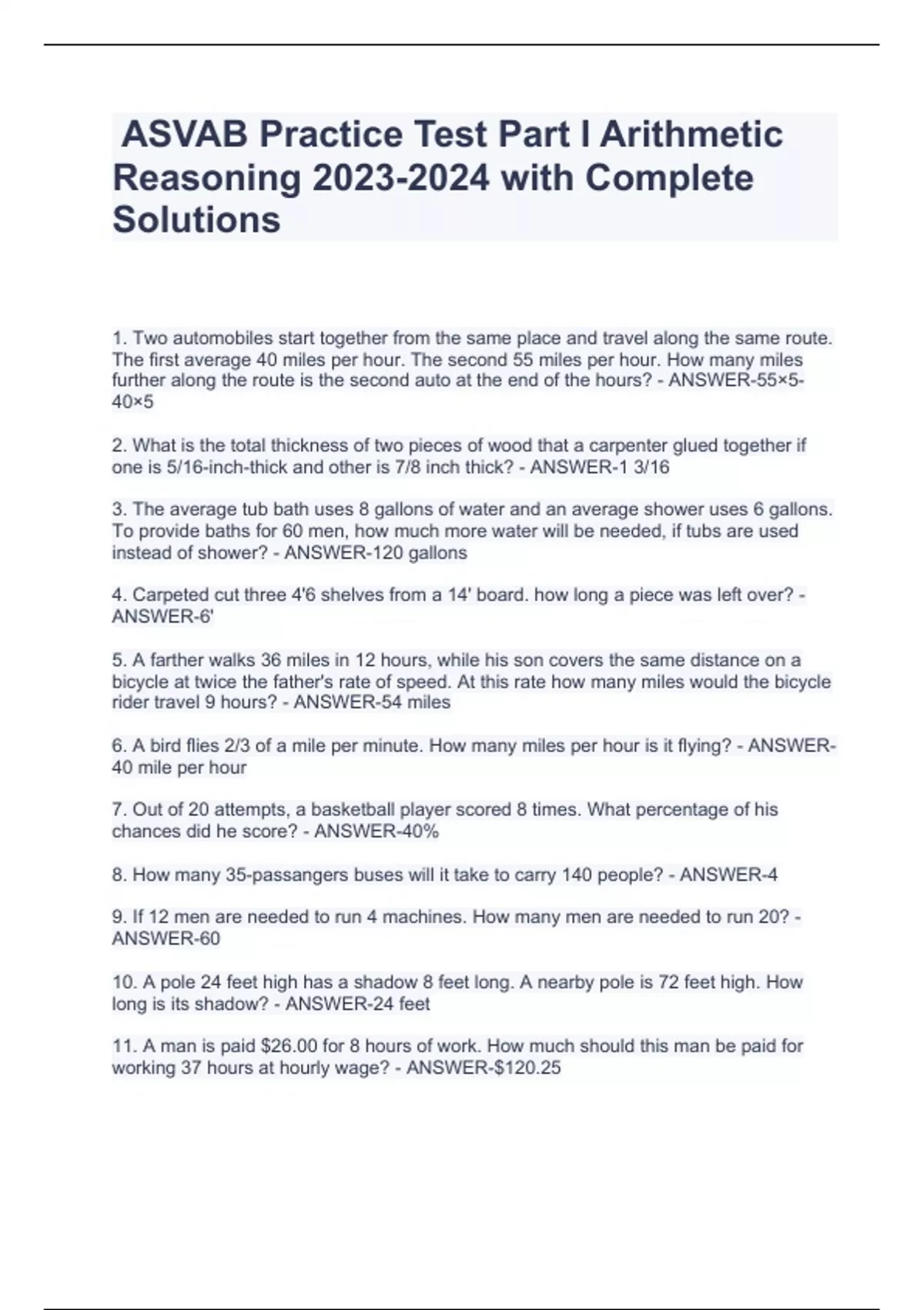 ASVAB Practice Test Part I Arithmetic Reasoning with Complete Solutions ...