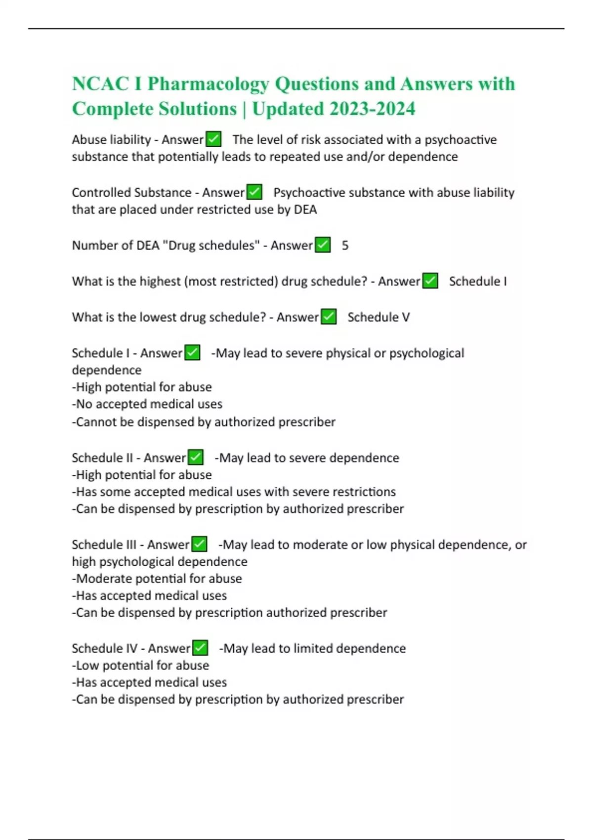 NCAC I Pharmacology Questions and Answers with Complete Solutions | Updated - NCAC - Stuvia US