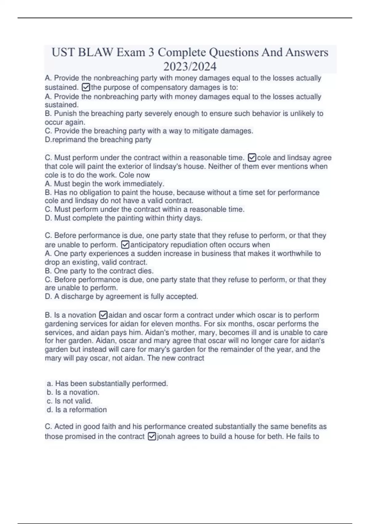 UST BLAW Exam 3 Complete Questions And Answers 2023/2024 - UST BLAW - Stuvia US