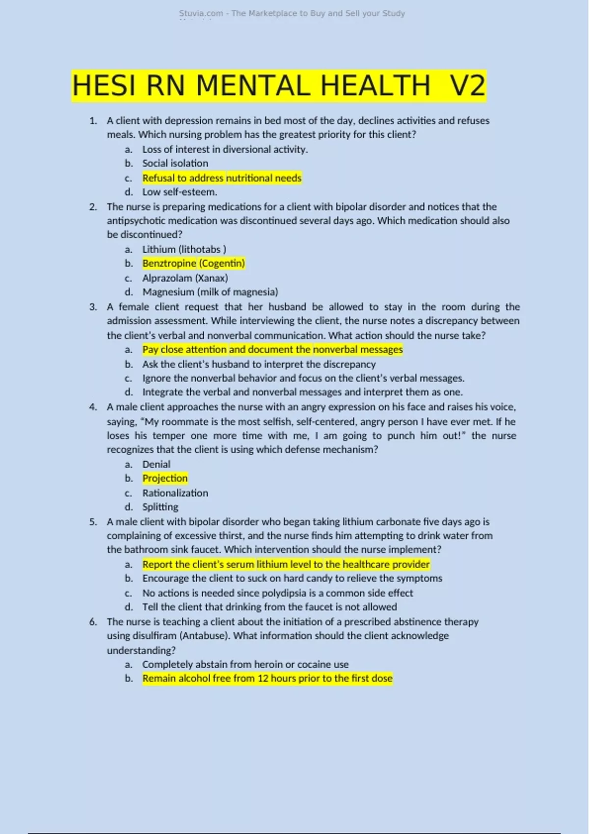 HESI RN MENTAL HEALTH V Latest Update Complete - RNSG 2213 - Stuvia US