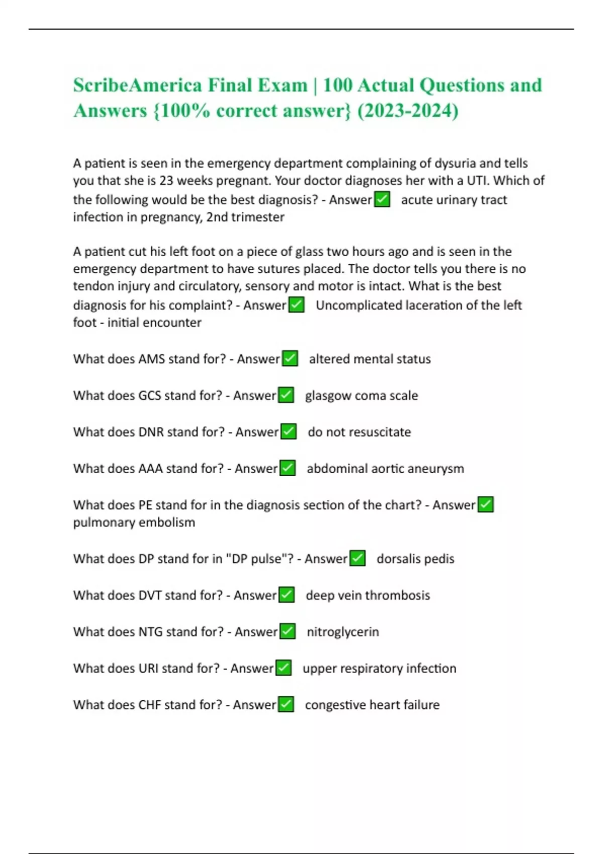 ScribeAmerica Final Exam | 100 Actual Questions and Answers {100% ...