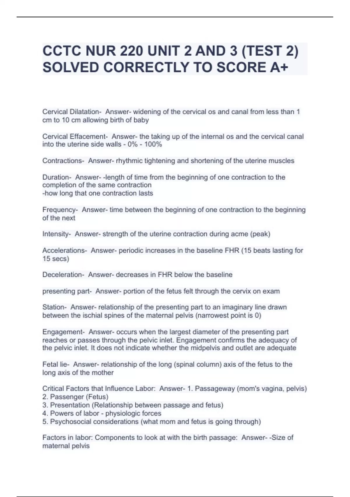 CCTC NUR 220 UNIT 2 AND 3 (TEST 2) SOLVED CORRECTLY TO SCORE A+ - CCTC ...