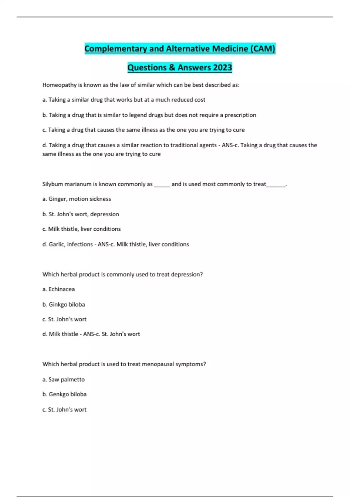 Complementary and Alternative Medicine (CAM) Questions & Answers 2023 ...