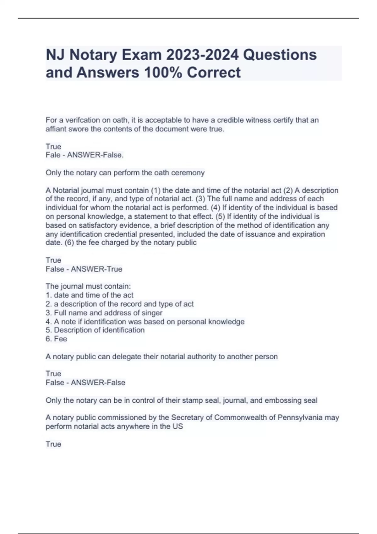 NJ Notary Exam Questions and Answers 100% Correct - NJ Notary - Stuvia US