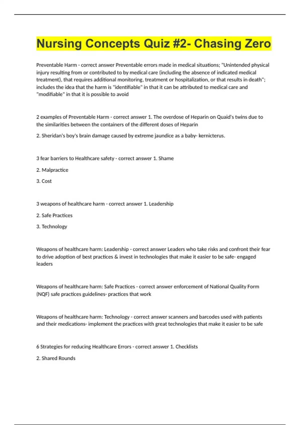 Nursing Concepts Quiz #2- Chasing Zero - Courses - Stuvia US