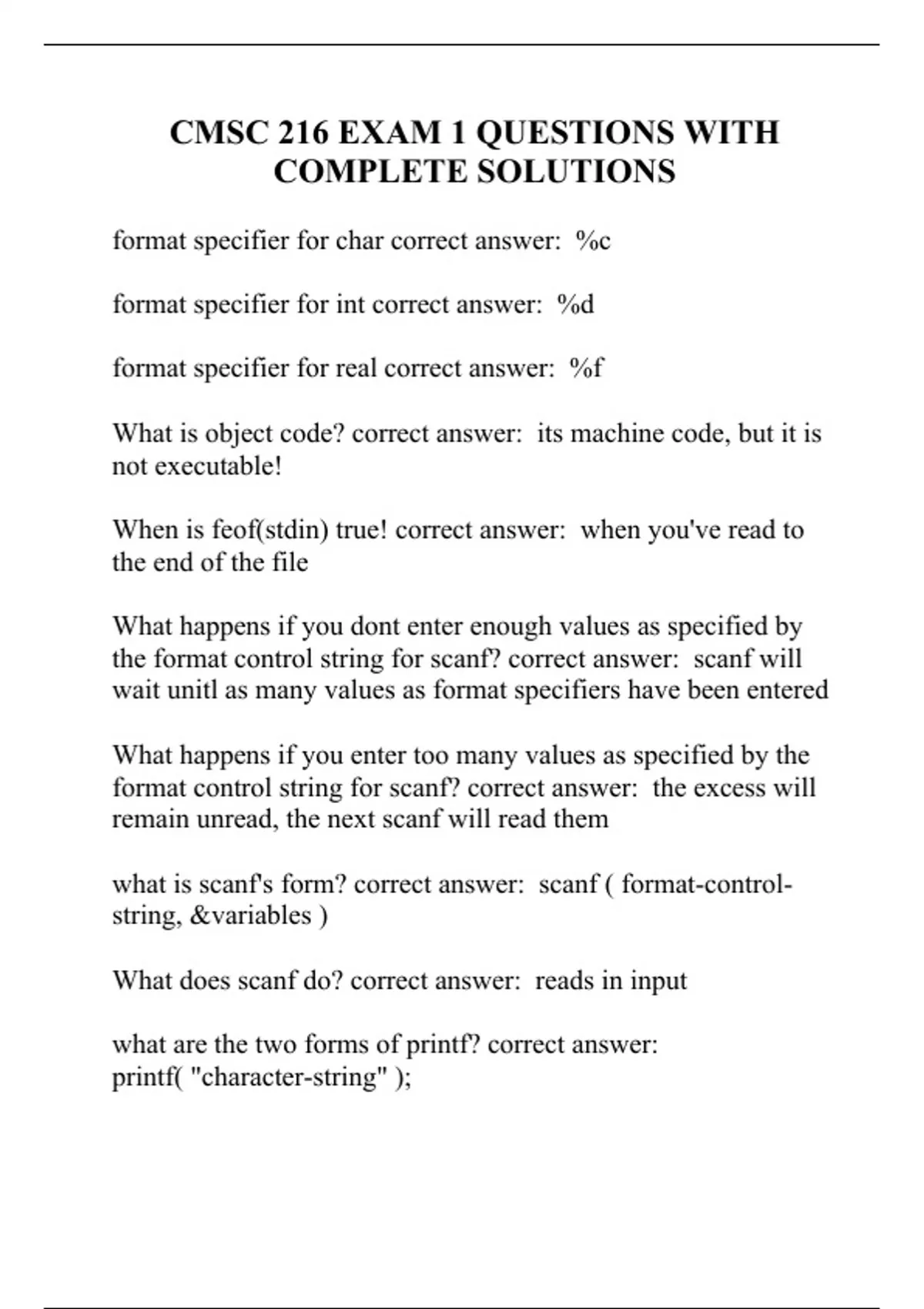 CMSC 216 EXAM 1 QUESTIONS WITH COMPLETE SOLUTIONS - CMSC - Stuvia US