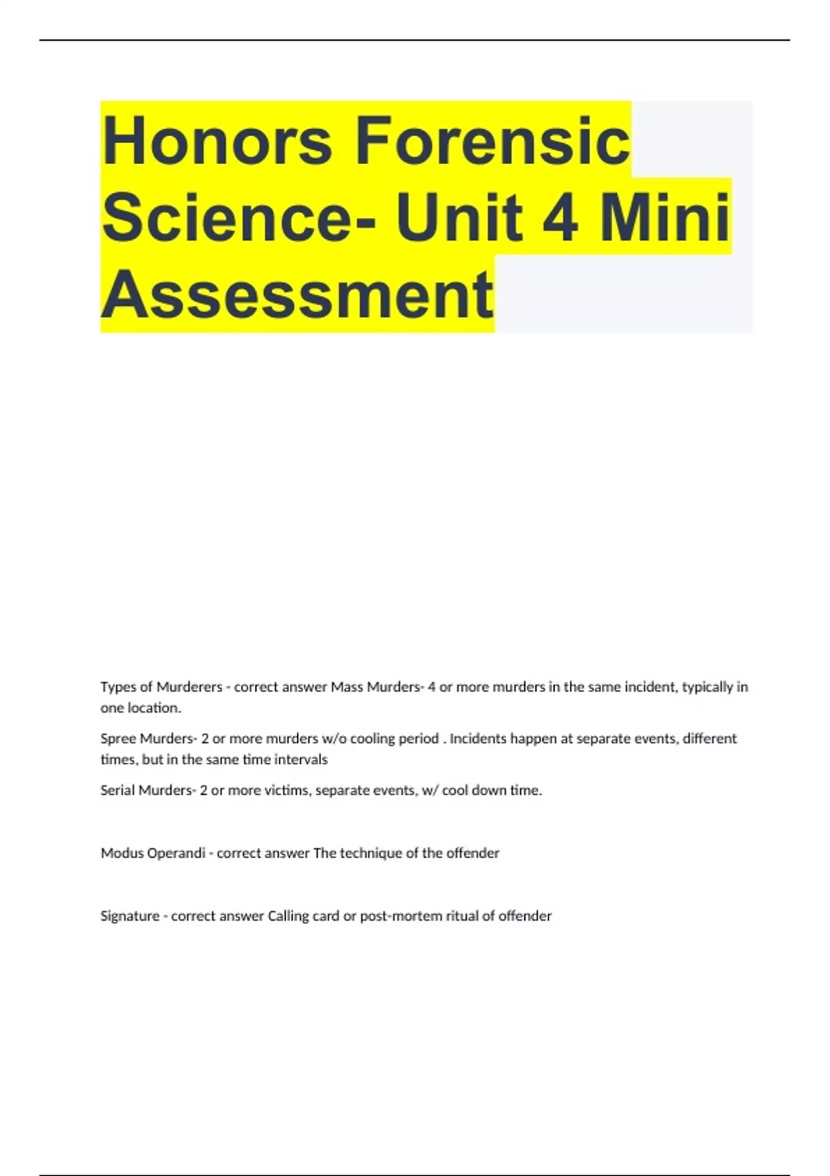Honors Forensic Science- Unit 4 Mini Assessment - Courses - Stuvia US