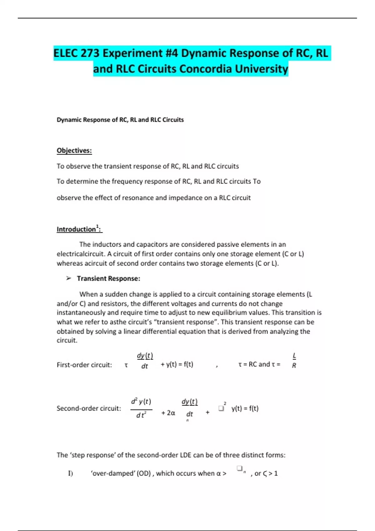 ELEC 273 Experiment #4 Dynamic Response of RC, RL and RLC Circuits Concordia University - Stuvia