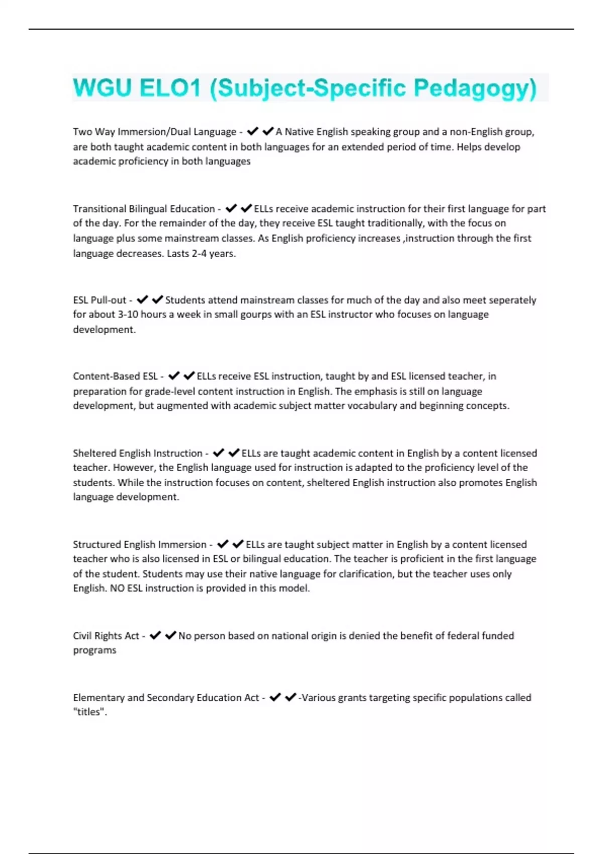 WGU ELO1 (Subject-Specific Pedagogy) Questions and Answers(A+ Solution ...