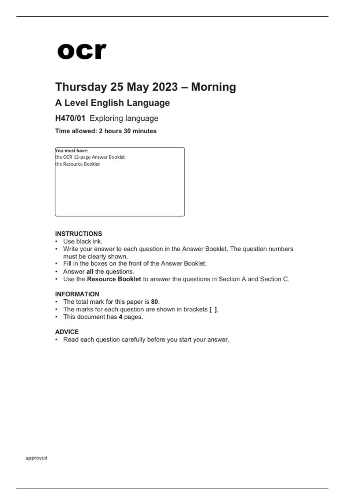 ocr A Level English Language H470/01 June2023 Question Paper and Mark ...