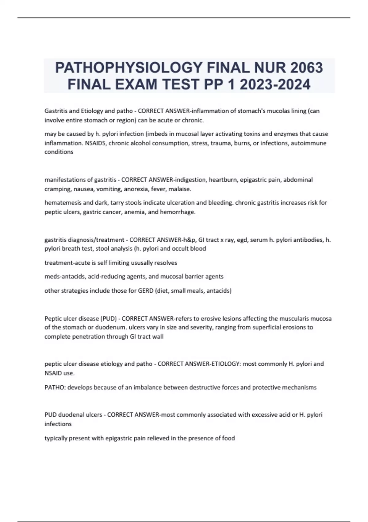 PATHOPHYSIOLOGY FINAL NUR 2063 FINAL EXAM TEST PP - NR 2063 - Stuvia US
