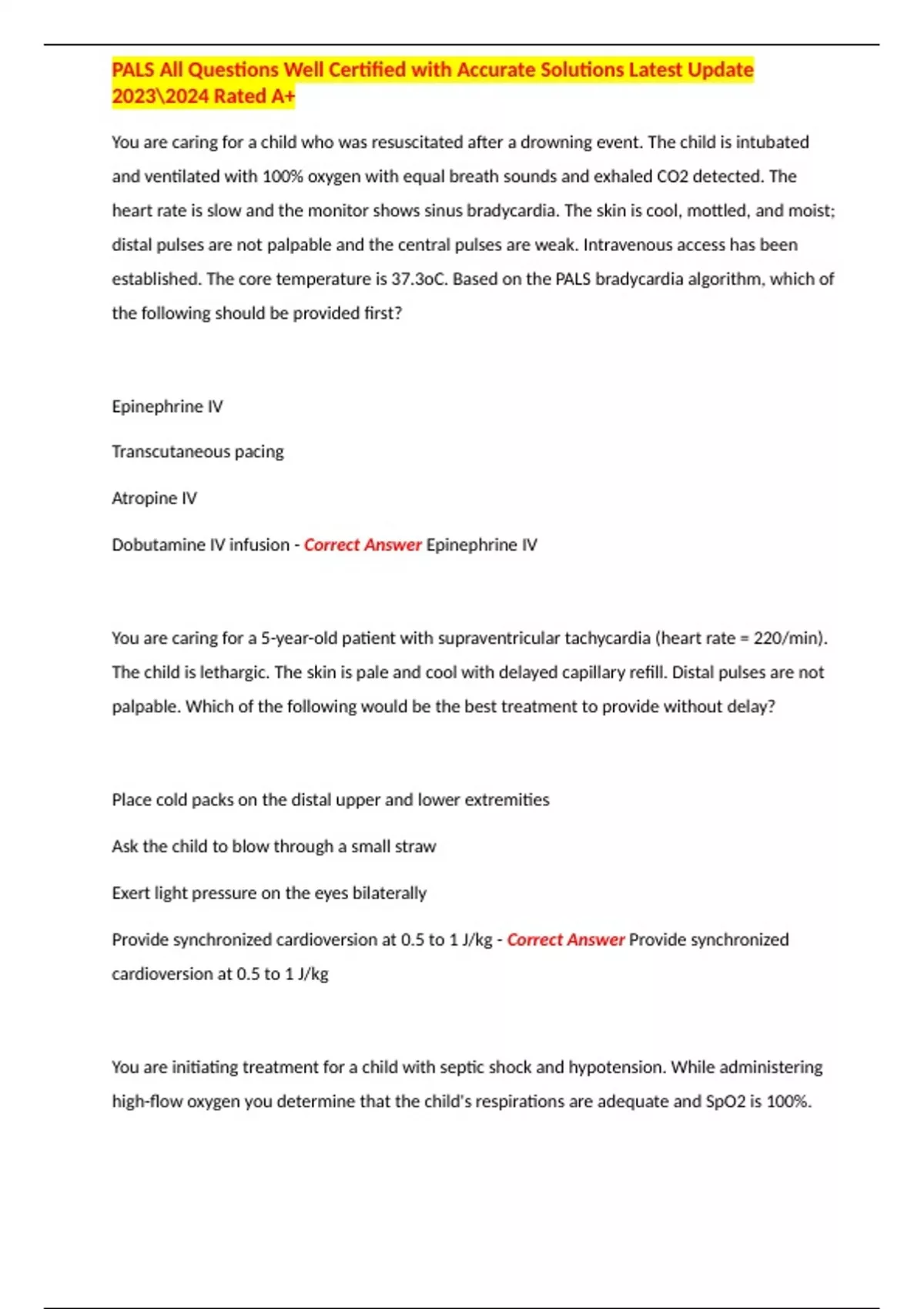 PALS All Questions Well Certified with Accurate Solutions Latest Update ...