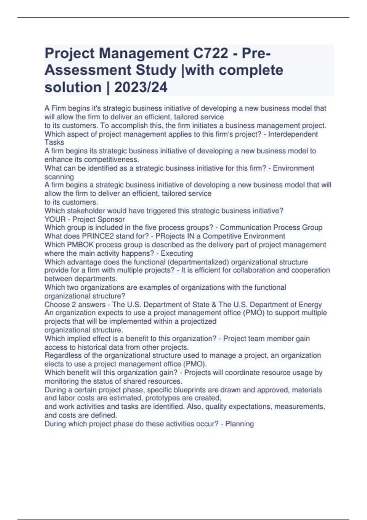 Project Management C722 - Pre-Assessment Study |with complete solution | 2023/24 - Project ...