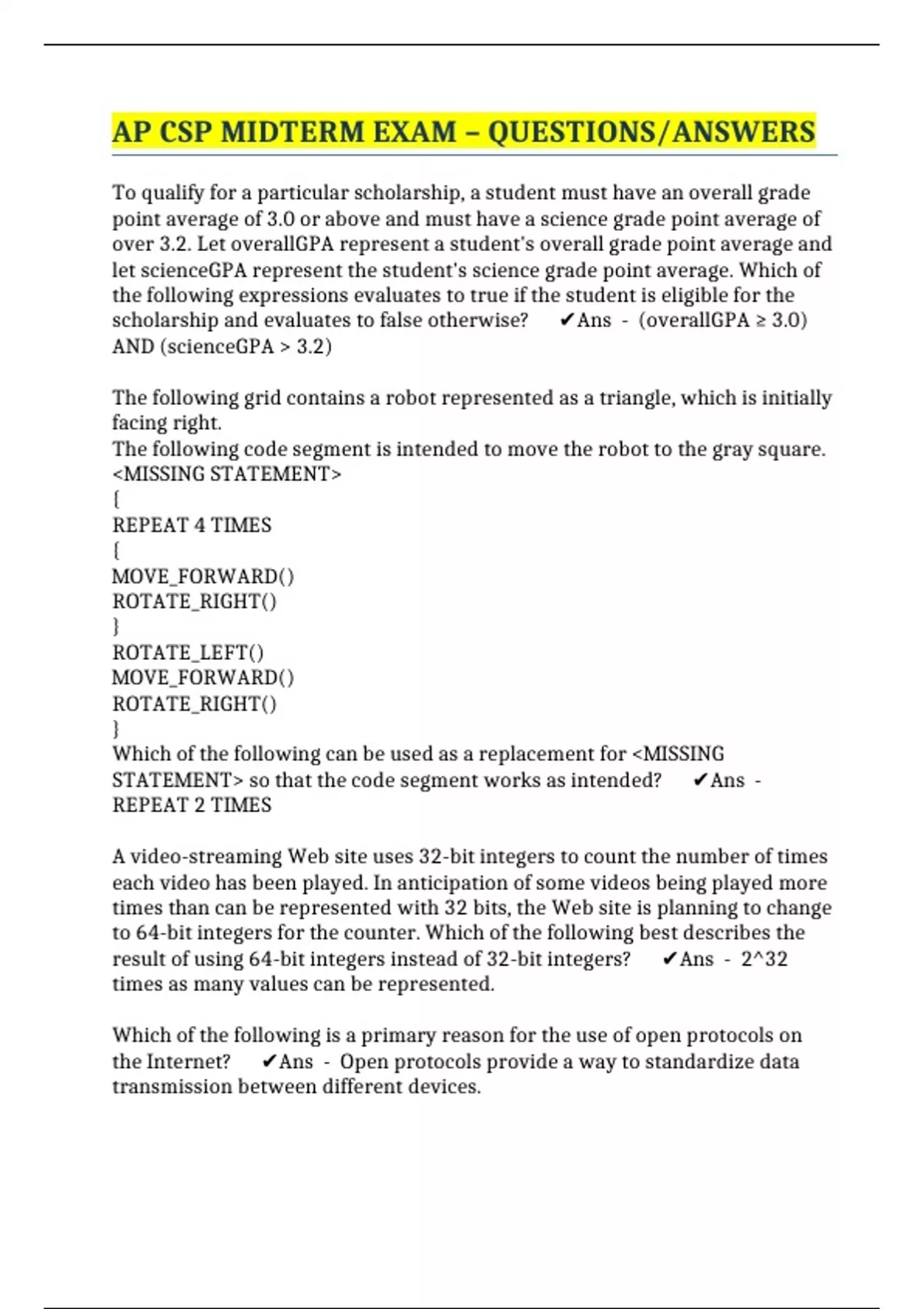 AP CSP MIDTERM EXAM – QUESTIONS/ANSWERS - AP CSP - Stuvia US