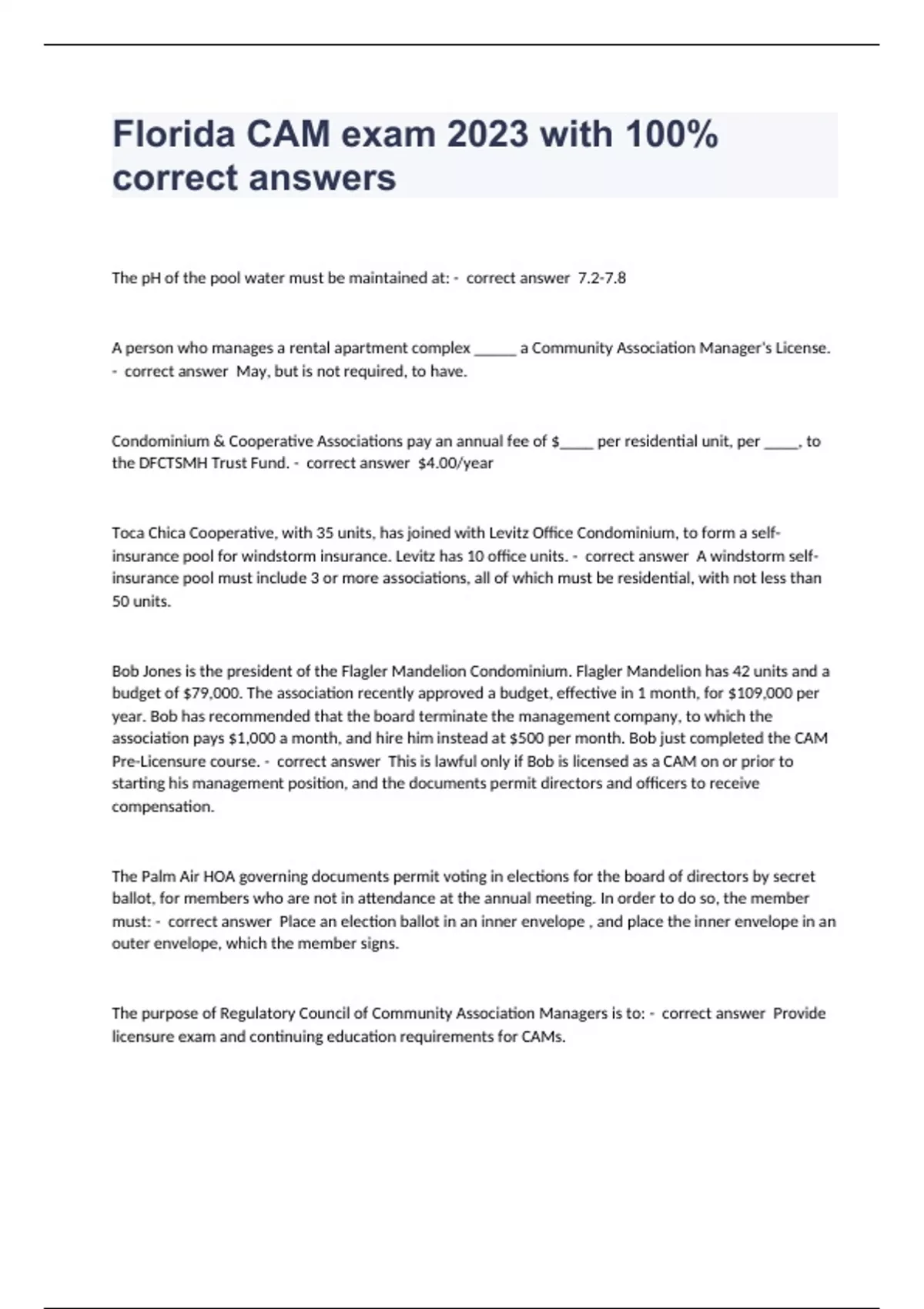 FL CAM Practice test exam 2023 with 100% correct answers - Florida CAM ...