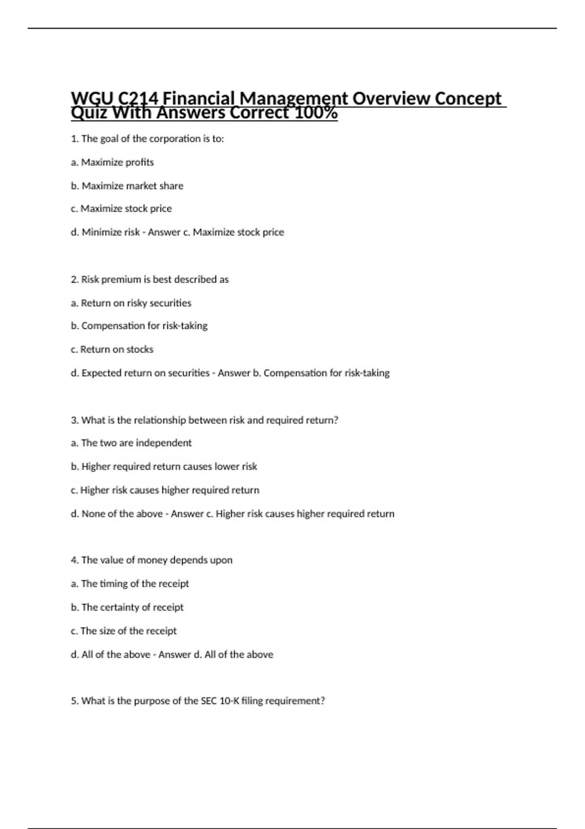 WGU C214 Financial Management Overview Concept Quiz With Answers ...