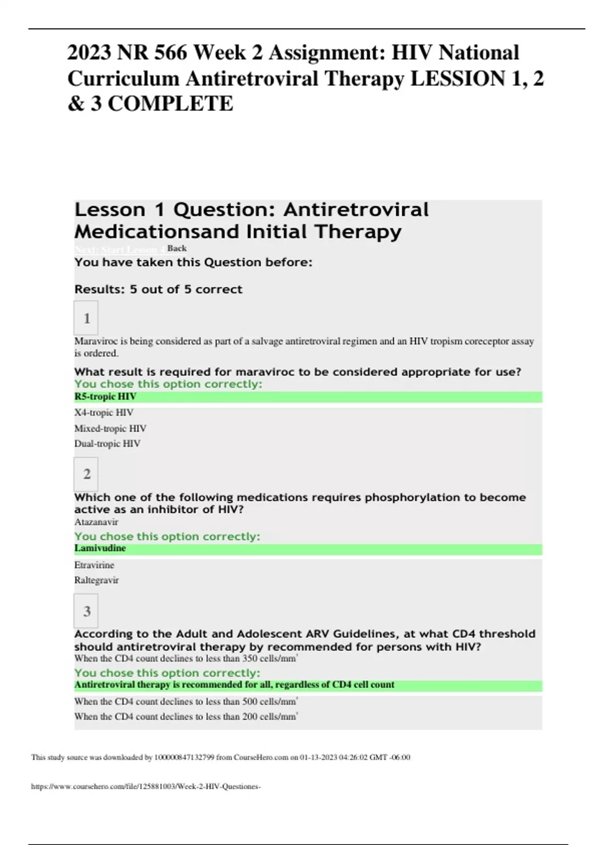 2023 NR 566 Week 2 Assignment: HIV National Curriculum Antiretroviral ...