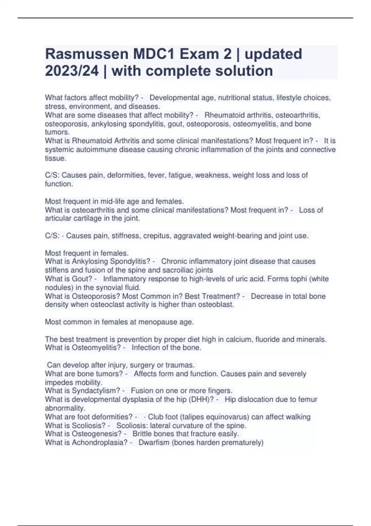 Rasmussen MDC1 Exam 2 | updated 2023/24 | with complete solution - Rasmussen MDC1 - Stuvia US