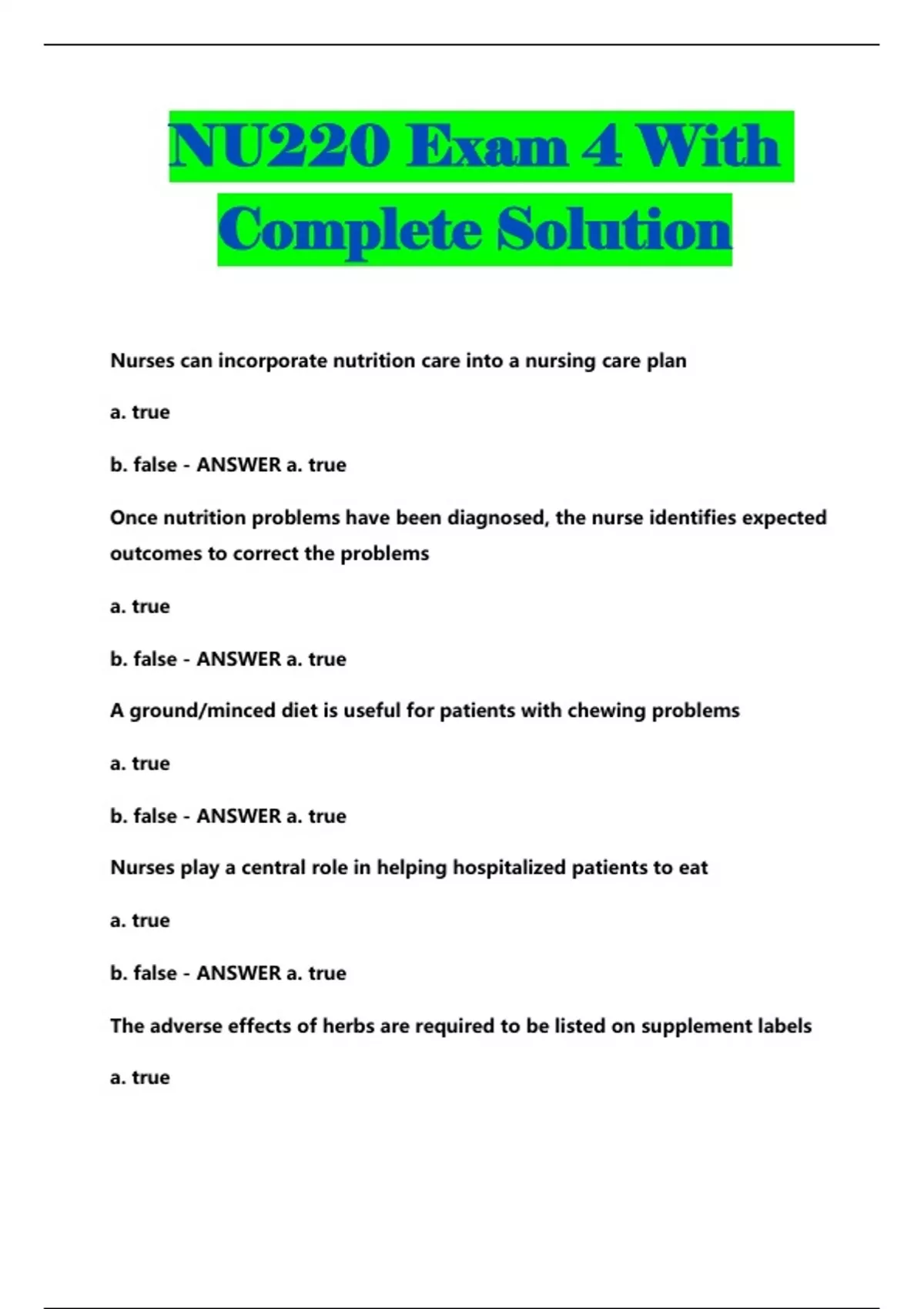NU220 Exam 4 With Complete Solution - NU220 - Stuvia US