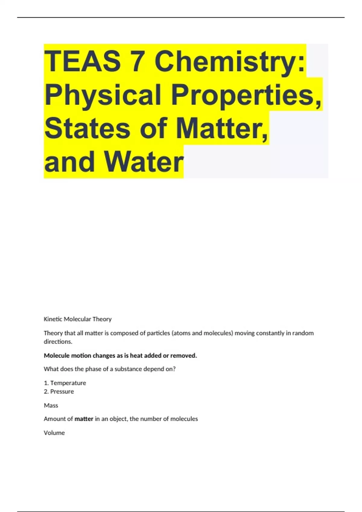TEAS 7 Chemistry: Physical Properties, States of Matter, and Water ...