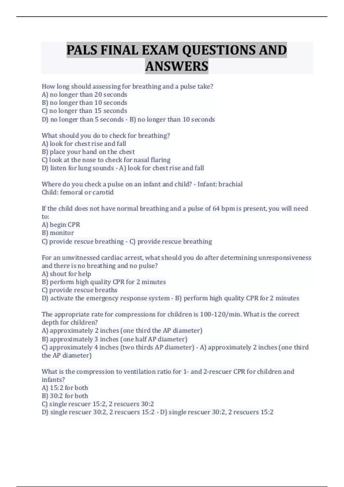 PALS FINAL EXAM QUESTIONS AND ANSWERS - Pals - Stuvia US