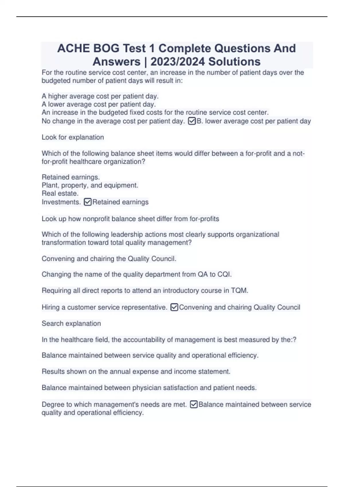 ACHE BOG Test 1 Complete Questions And Answers | 2023/2024 Solutions ...