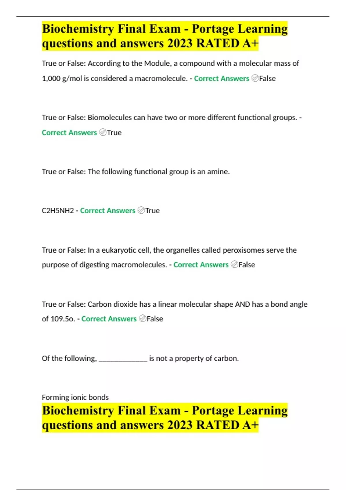 Biochemistry Final Exam - Portage Learning questions and answers 2023 ...