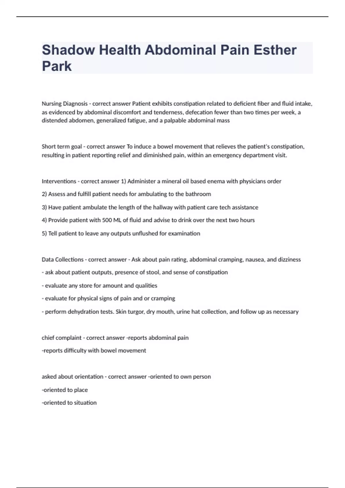 ShadowHealth Abdominal Pain Esther Park questions & answers graded A+ ...