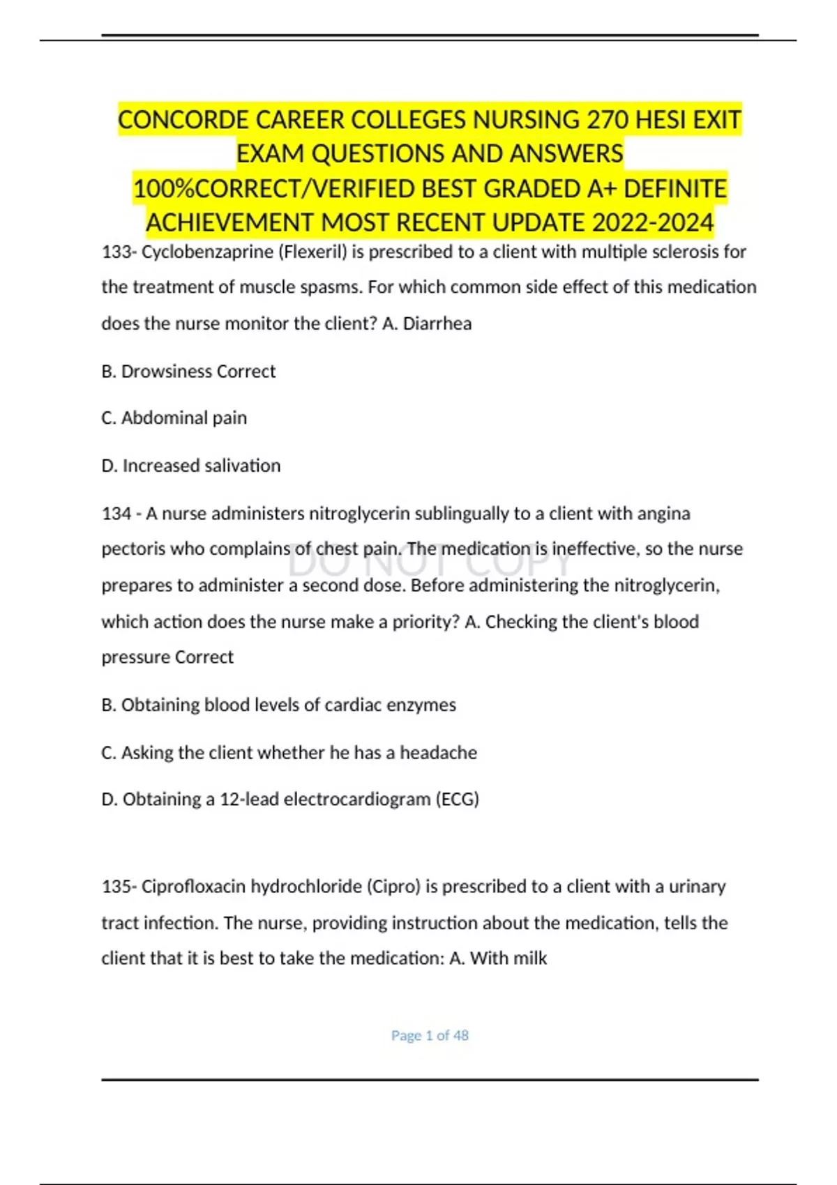 Concorde Career Colleges Nursing 270 Hesi Exit Exam Questions And Answers 100 Correct Verified