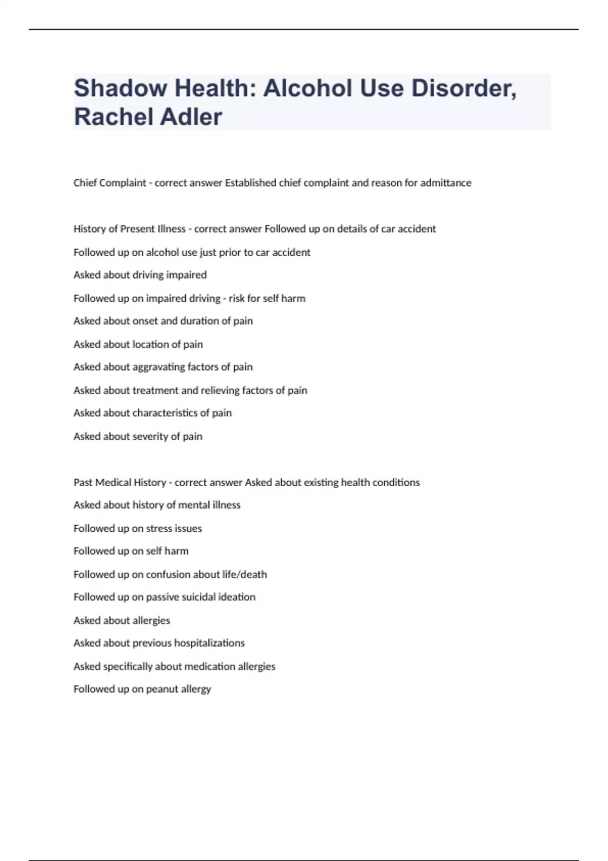 Shadow Health Alcohol Use Disorder, Rachel Adler 2023/2024 graded A+ ...