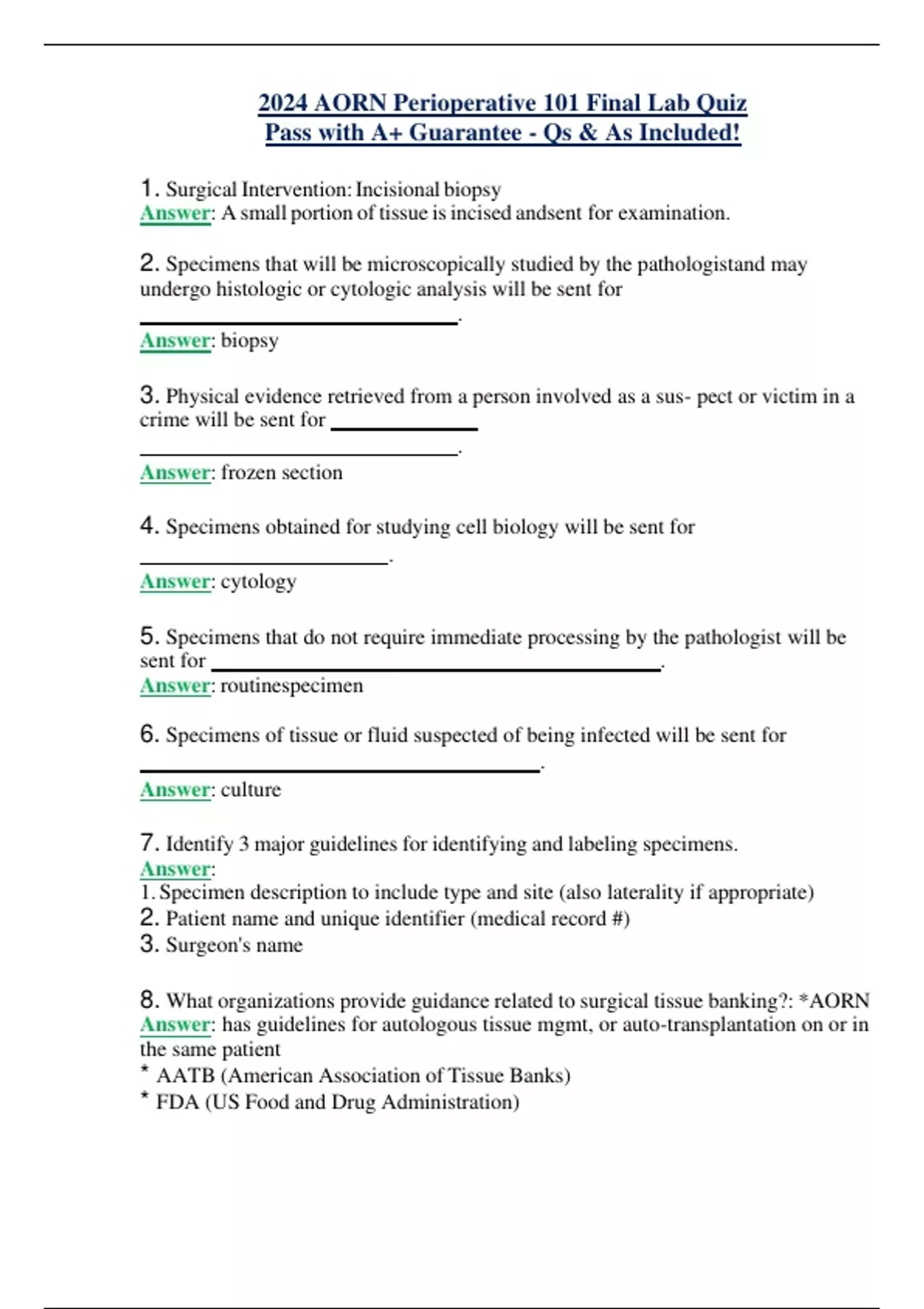 2024 AORN Perioperative 101 Final Lab Quiz Pass with A+ Guarantee - Qs & As Included! - AORN ...