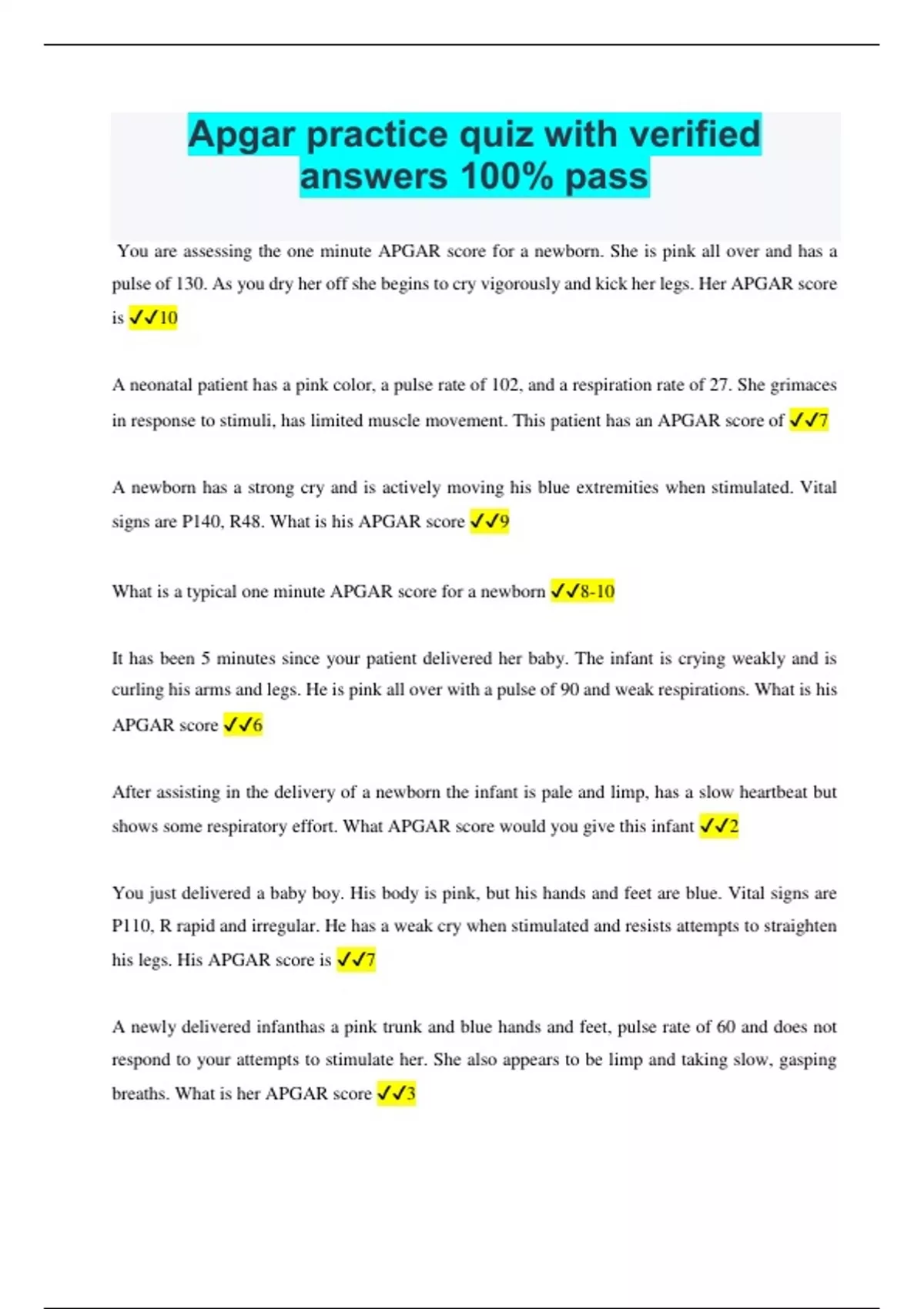 Apgar practice quiz with verified answers 100% pass - APGAR Practice ...