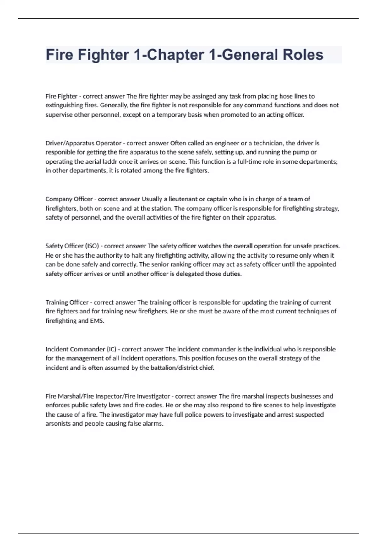 Fire Fighter 1-Chapter 1-General Roles 2023/2024 updated to pass - Fire ...