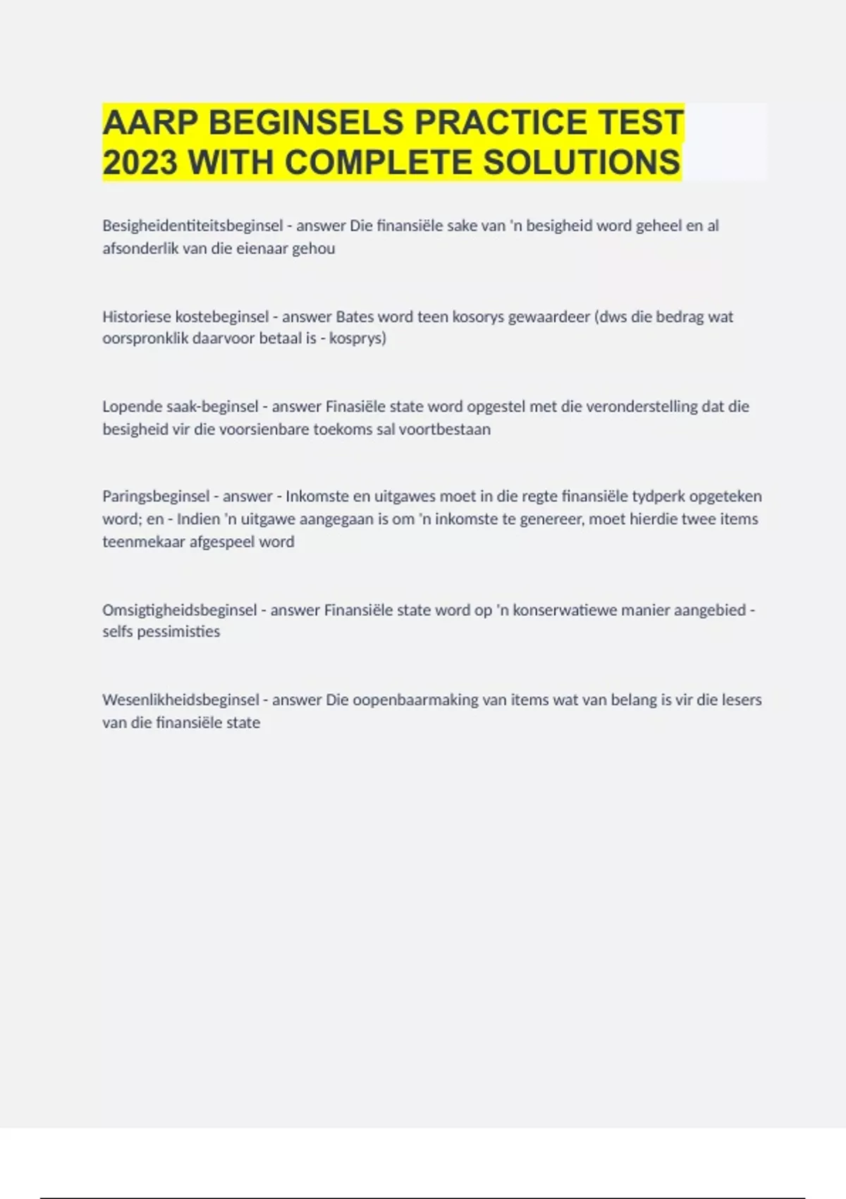 AARP BEGINSELS PRACTICE TEST 2023 WITH COMPLETE SOLUTIONS - Stuvia UK